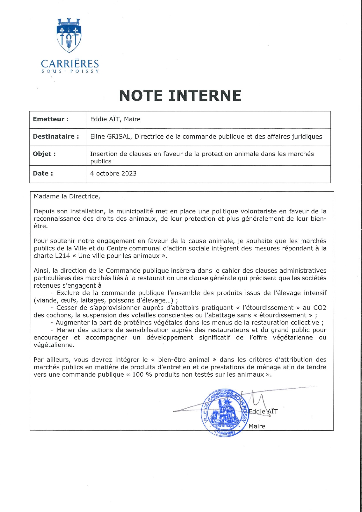 Note de service du maire de Carrières-sous-Poissy pour «l'insertion de ...